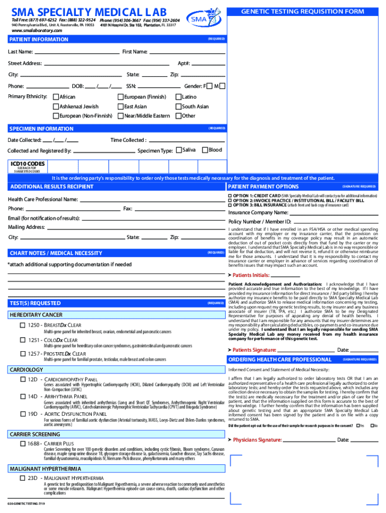Fillable Online SMA - Genetic Testing Requisition Form 0719 Fax Email ...