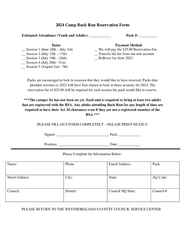 Fillable Online 2024 Camp Buck Run Reservation Form Fax Email Print - pdfFiller