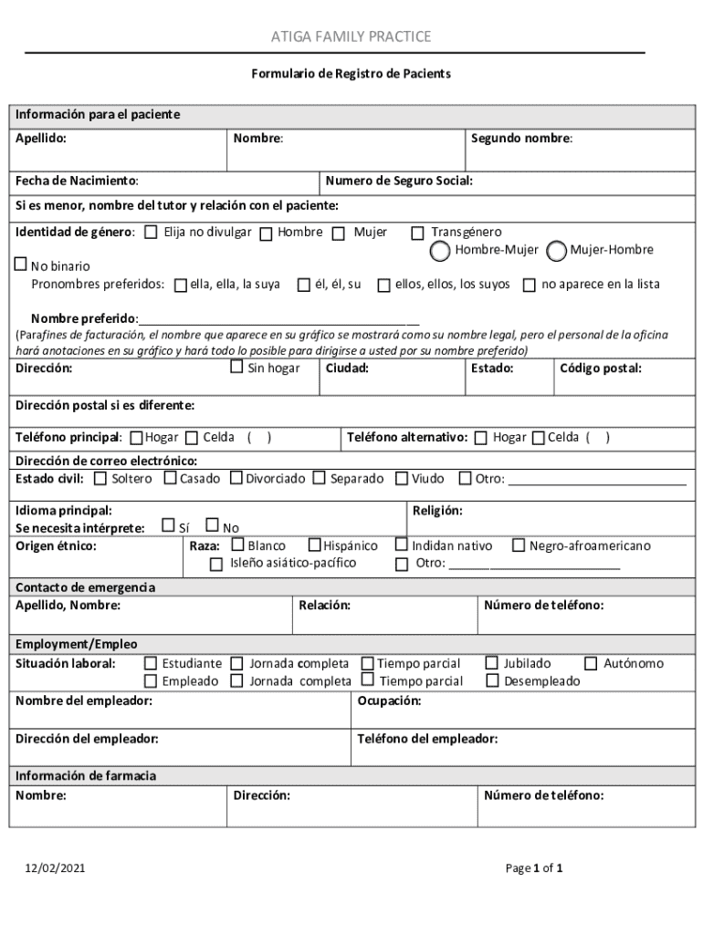 Rellenable en línea 1Page Formulario de registro de pacientes Fax Email ...
