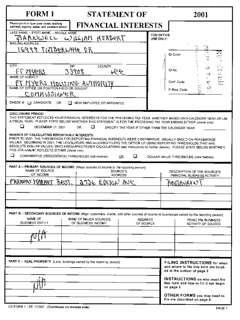 Fillable Online Fillable Online FORM 1 STATEMENT OF 2001 ty Please ...