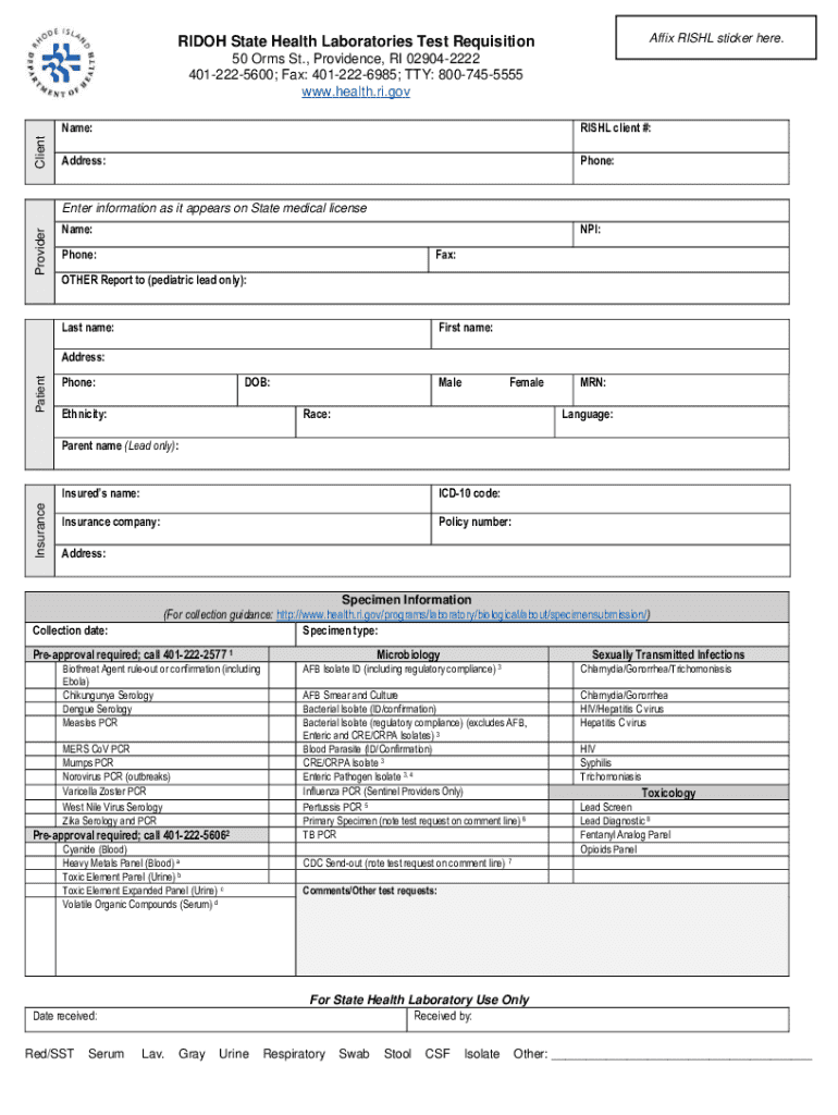 Fillable Online RIDOH State Health Laboratories Test Requisition Form ...