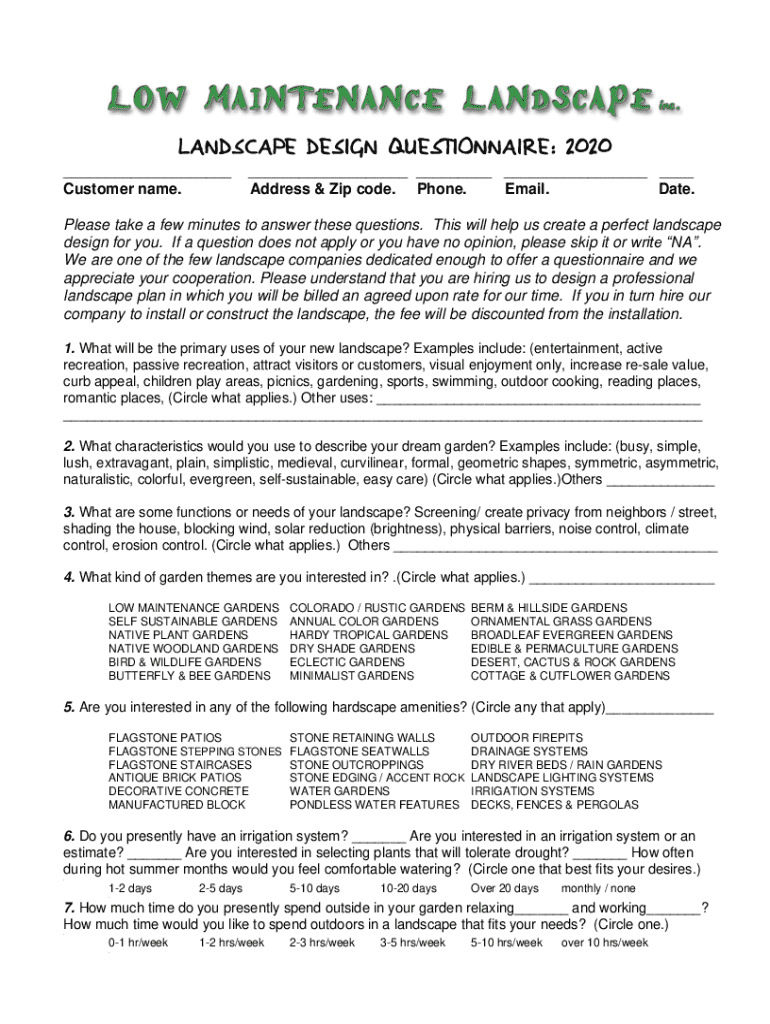 Fillable Online Design Client Questionnaire - Aspen Garden & Landscape ...