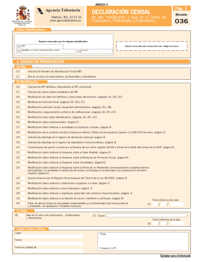 Rellenable en línea Modelos 036 y 037. Censo de empresarios ...