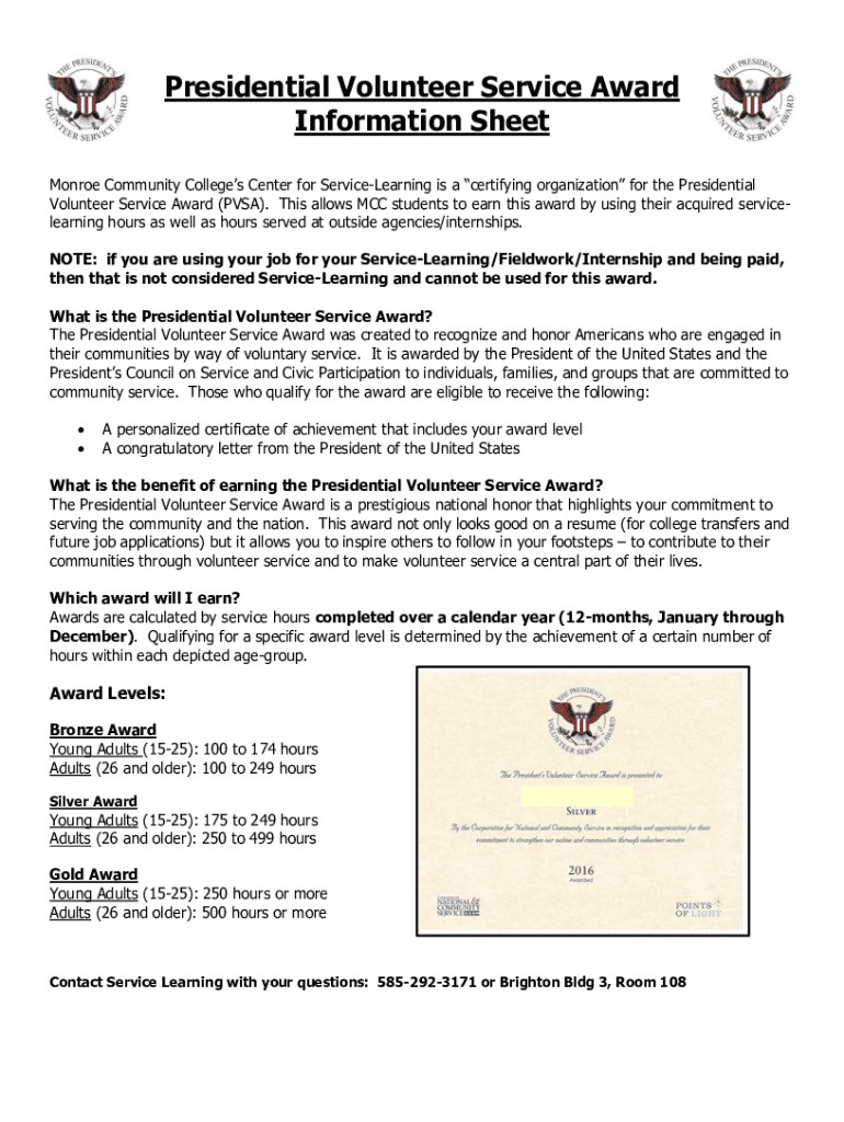 Fillable Online Presidential Volunteer Service Award Information Sheet Fax Email Print - pdfFiller