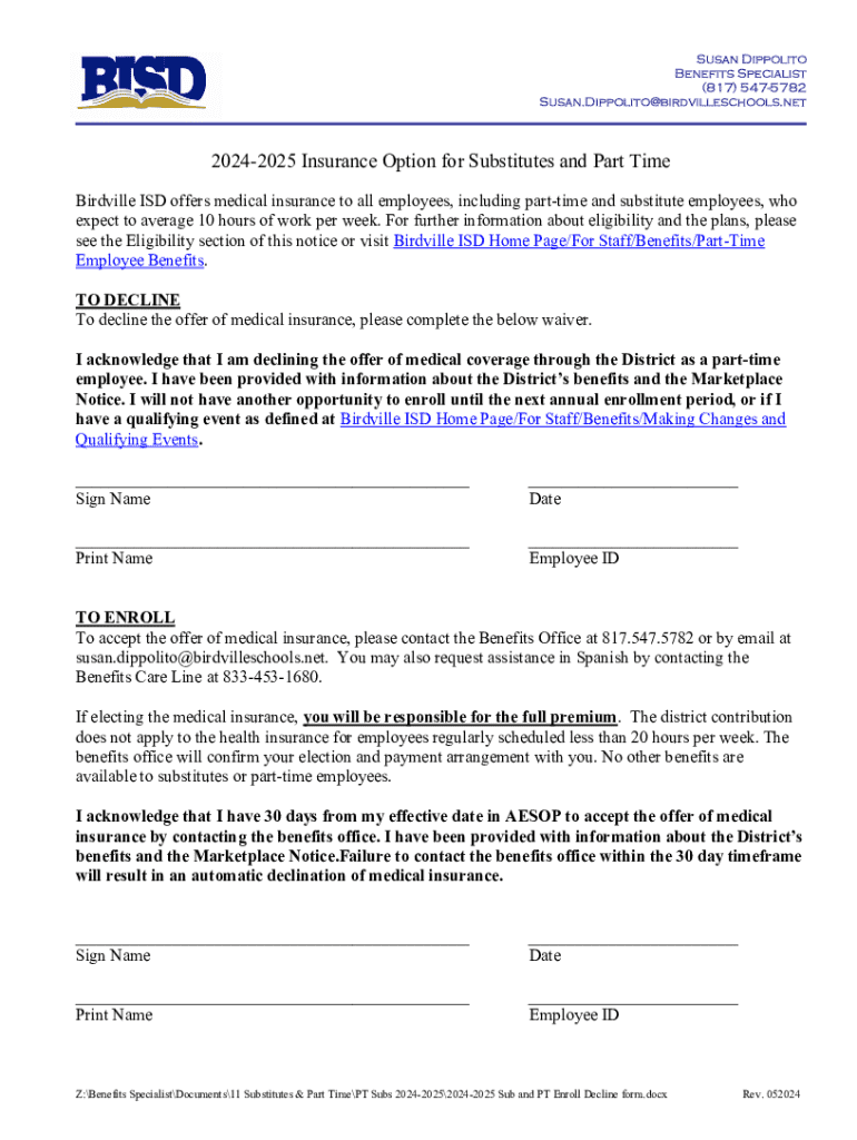 Fillable Online 2024-2025 Sub and PT Enroll Decline form.docx Fax Email ...