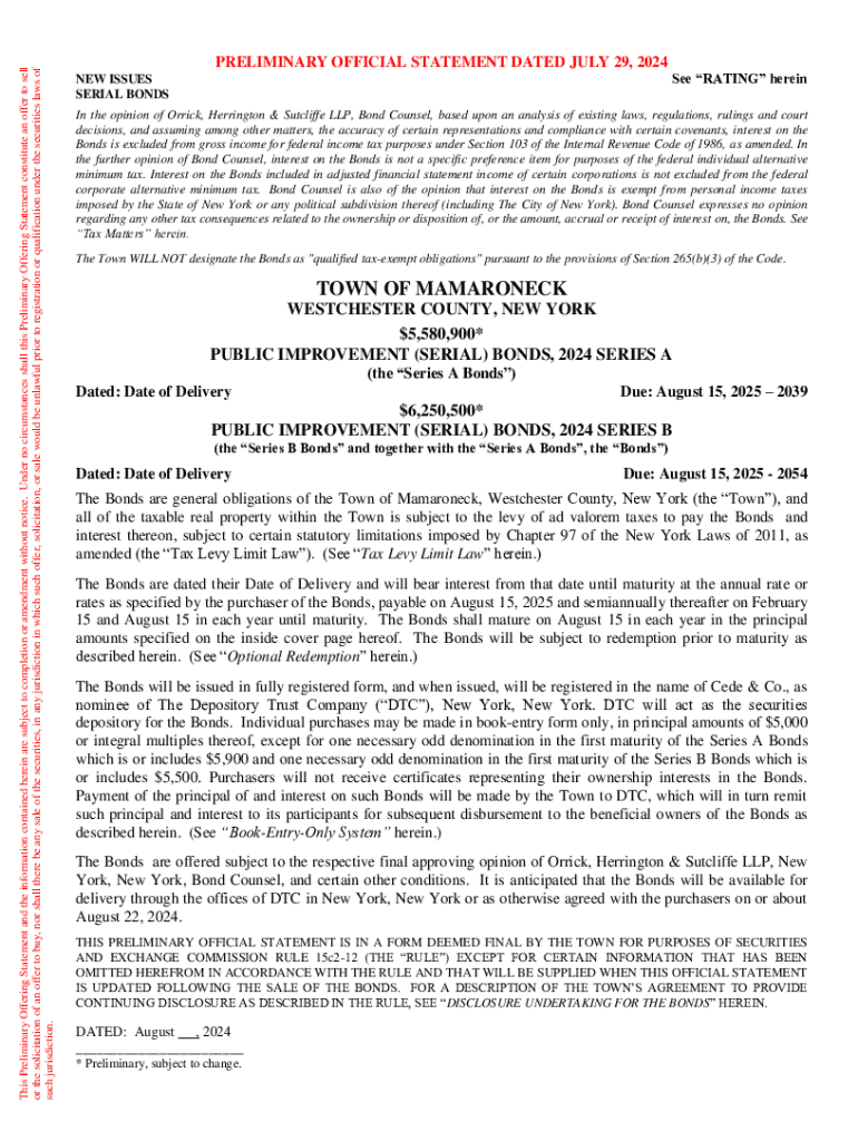 Fillable Online PRELIMINARY OFFICIAL STATEMENT DATED JULY 29, 2024 Fax Email Print - pdfFiller