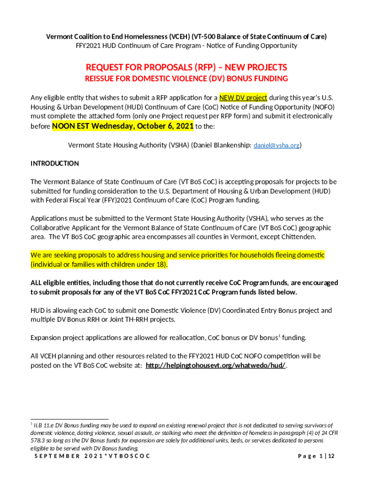 Vermont Balance of State Continuum of Care issues RFP Doc Template ...