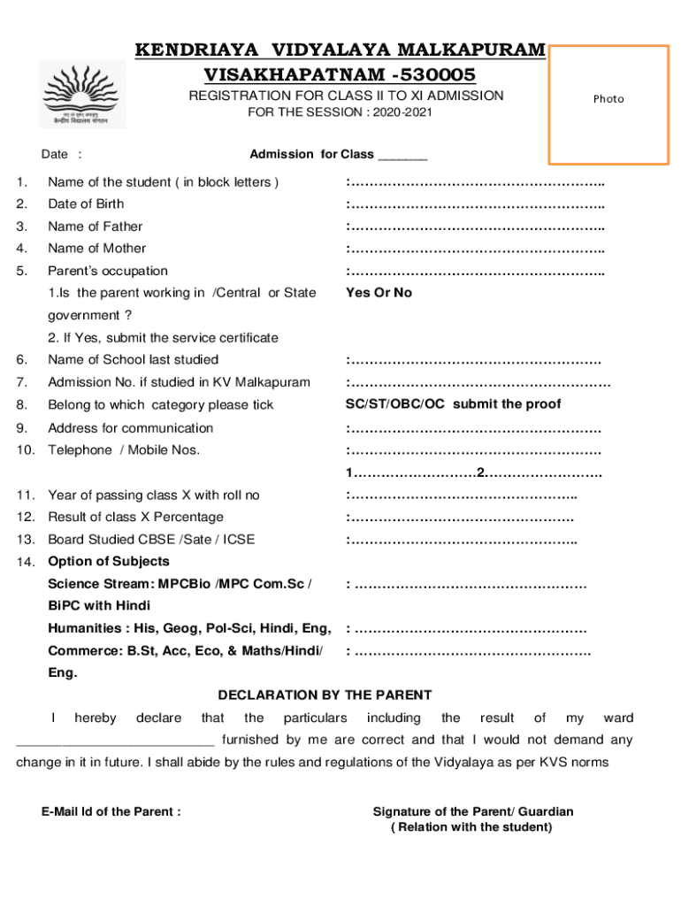 Fillable Online Admission DetailKENDRIYA VIDYALAYA MALKAPURAM Fax Email Print - pdfFiller