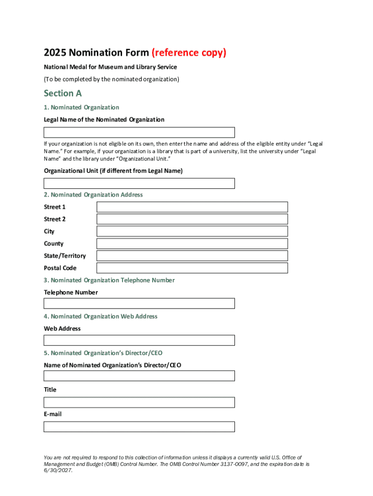 Fillable Online 2025 Nomination Form (reference copy). National Medal for Museum and Library ...