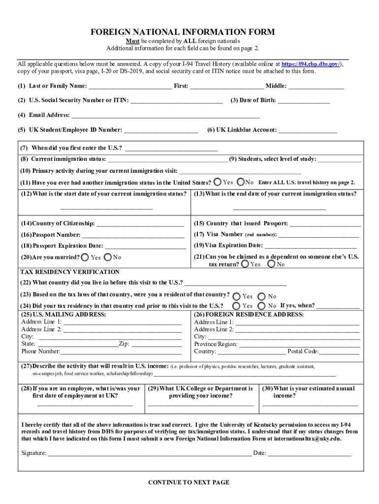 Fillable Online FOREIGN NATIONAL INFORMATION FORM Rev. 10-30-2023 Fax ...