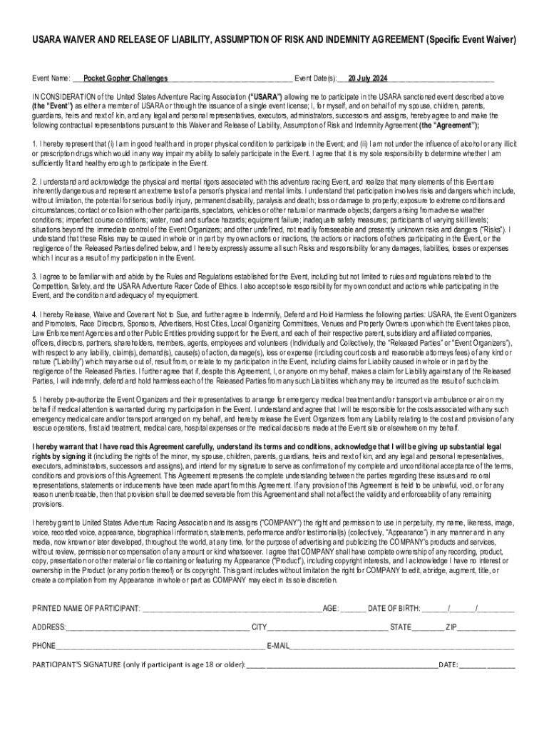 Fillable Online usara release and waiver of liability, assumption of risk, and ... Fax Email ...