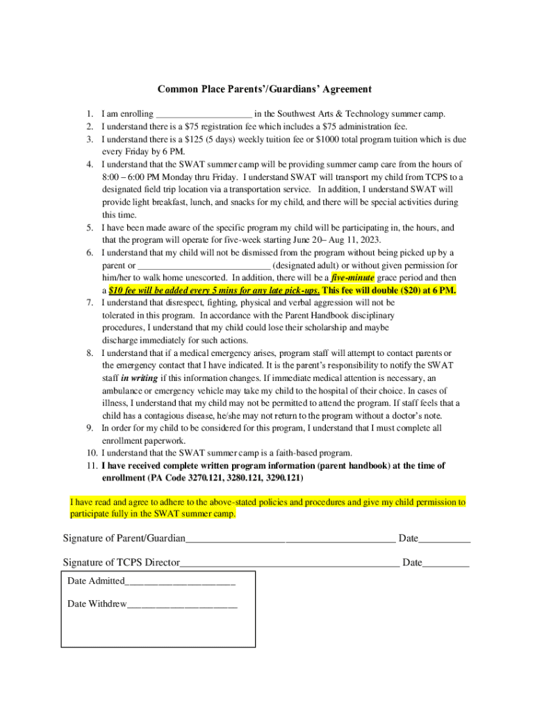 Fillable Online Common Place Parents\'/Guardians\' Agreement Fax Email Print - pdfFiller