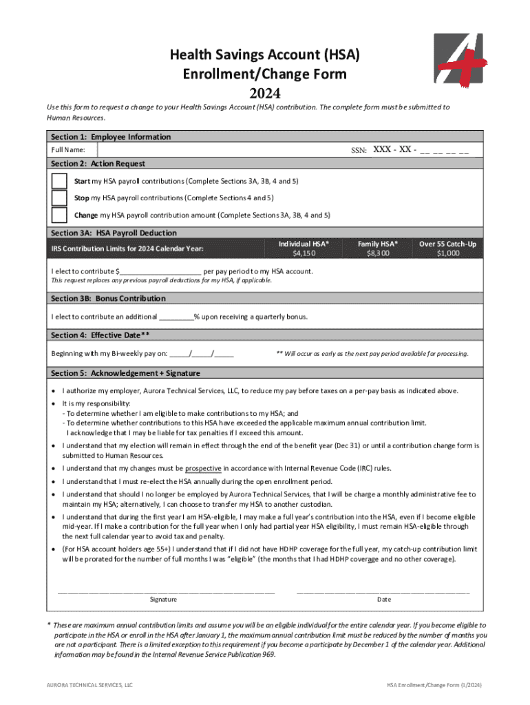 Fillable Online Health Savings Account (HSA) Enrollment/Change Form ...