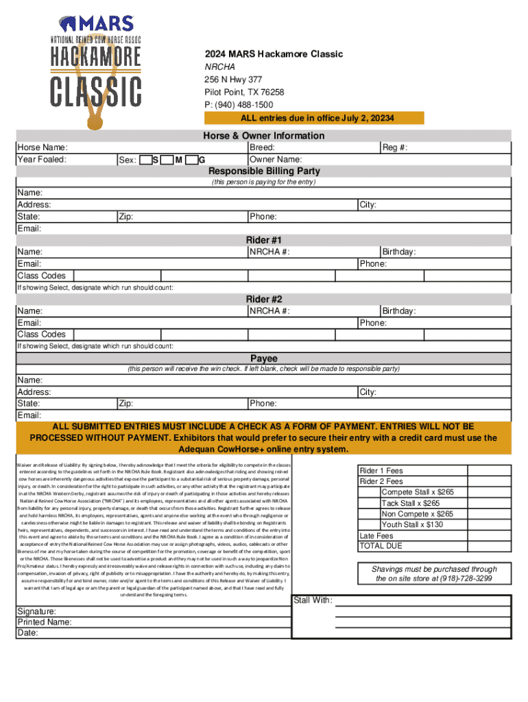 Fillable Online 2021 NRCHA Hackamore Classic & Horse Show Entry Form ...