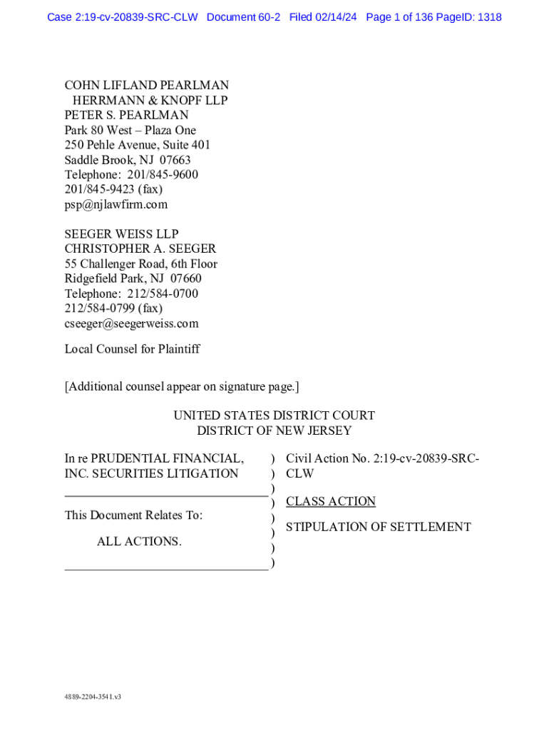 Fillable Online STIPULATION OF SETTLEMENT 4889-2204-3541 v.3 Fax Email ...