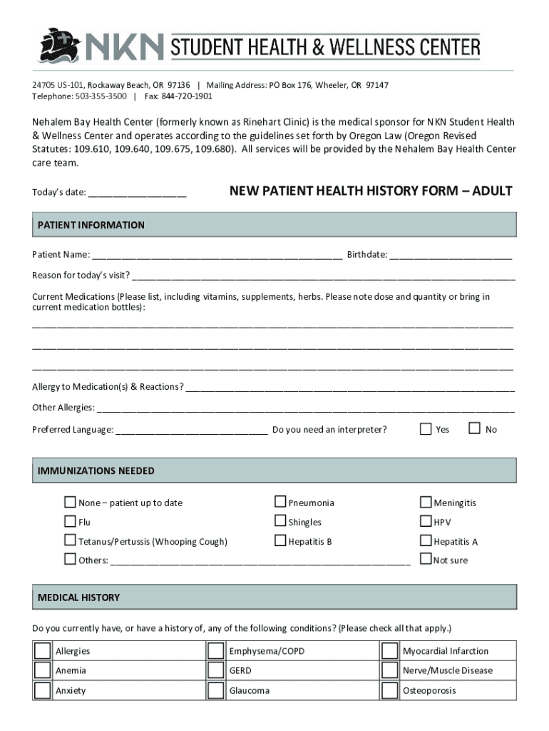 Fillable Online NKN SBHC Adult New Patient Health History Form ...
