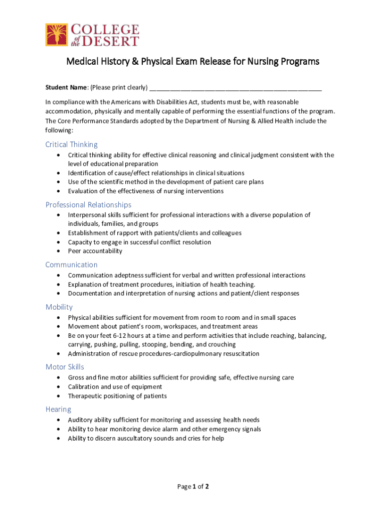 Fillable Online Medical History & Physical Exam Release for Nursing ... Fax Email Print - pdfFiller