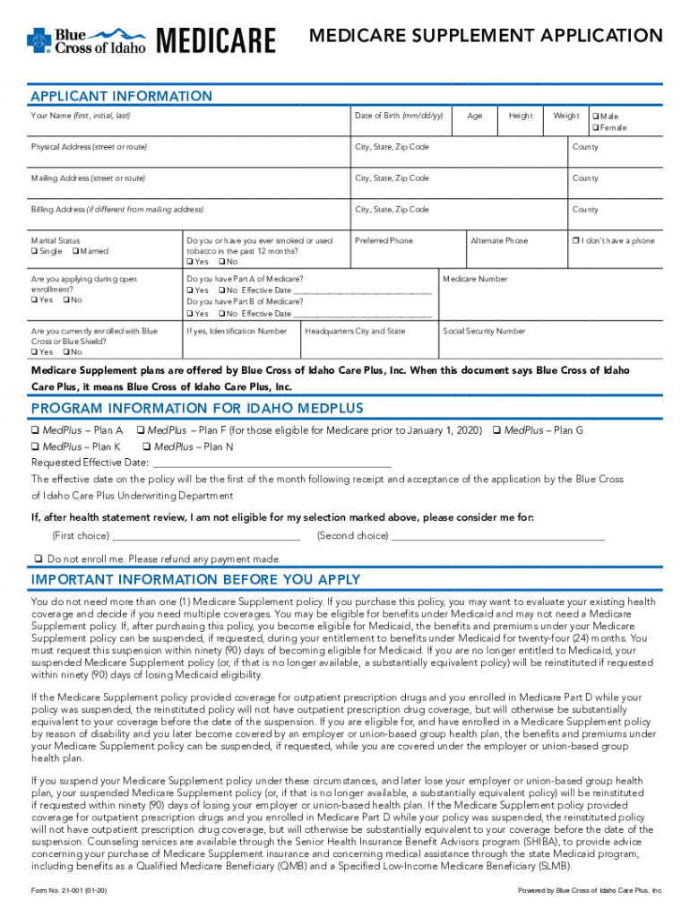 Fillable Online Medicare Supplement Application. 21-001 (01-20 ...