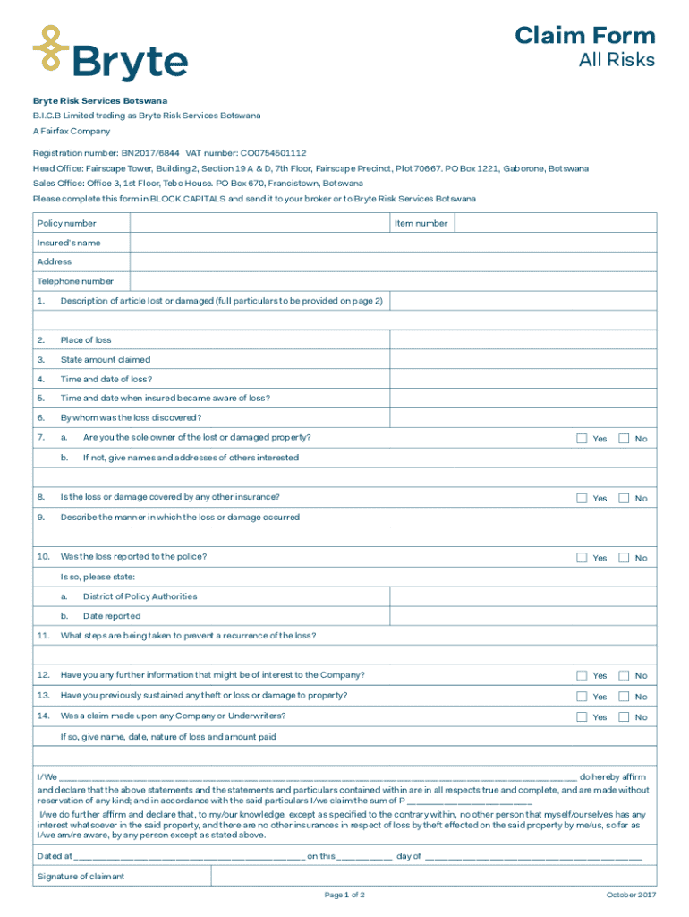 Fillable Online Claim Form - Plant All Risks - Bryte Risk Services ...
