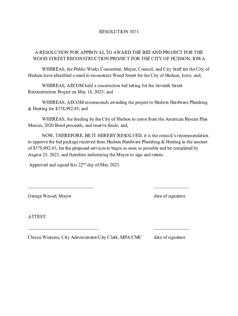 Fillable Online RESOLUTION 3071 - Award bidfor Wood Street ...