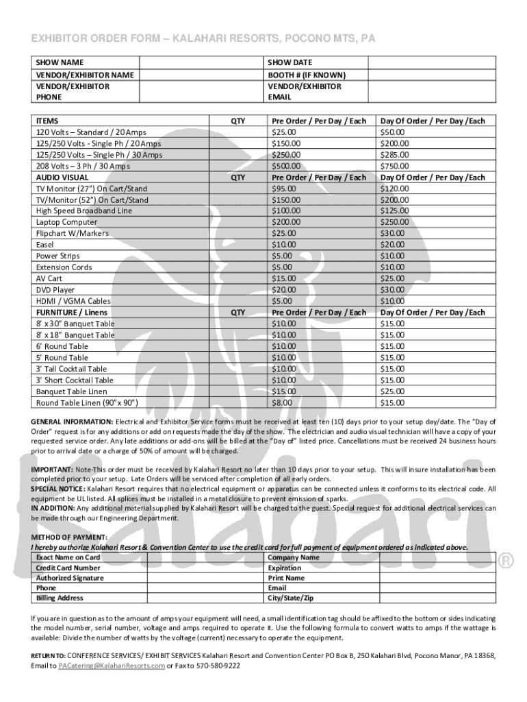 Fillable Online Exhibitor Order Form Pricing expires 12/31/24 Fax Email Print - pdfFiller