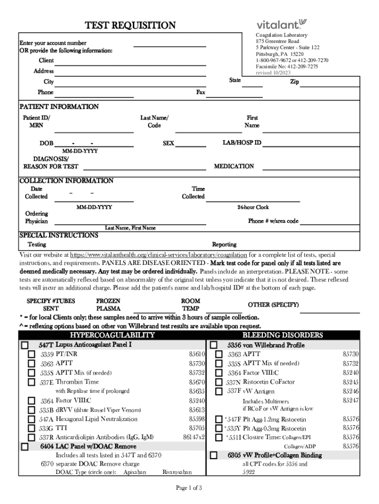 Fillable Online Coagulation Lab Test Request Form Fax Email Print ...
