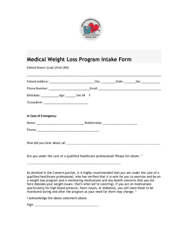 Fillable Online New Patient Weight Loss Intake Form Fax Email Print ...