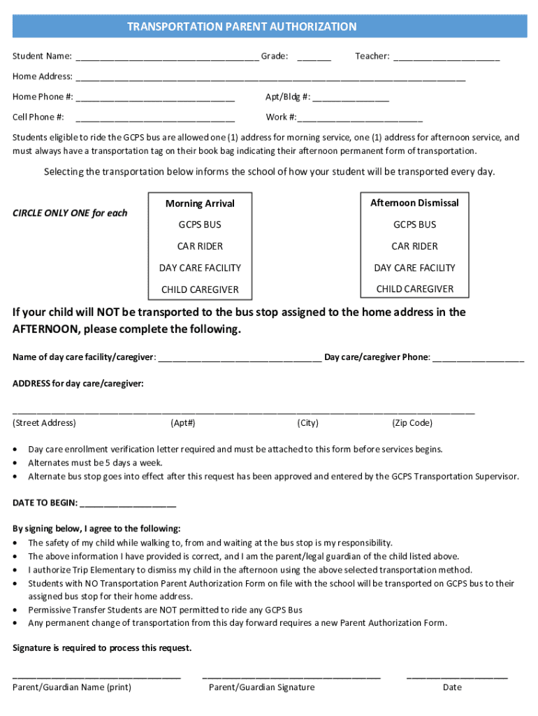 Fillable Online TRANSPORTATION PARENT AUTHORIZATION ( ... Fax Email ...