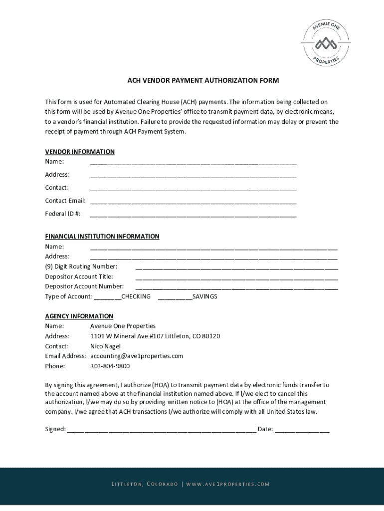 Fillable Online ACH Vendor/Volunteer Payment Authorization Form Fax ...