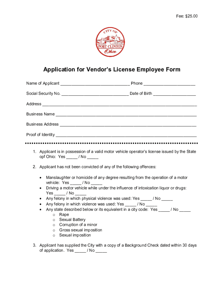 Fillable Online $25.00 APPLICATION FOR A TEMPORARY VENDORS Fax Email ...
