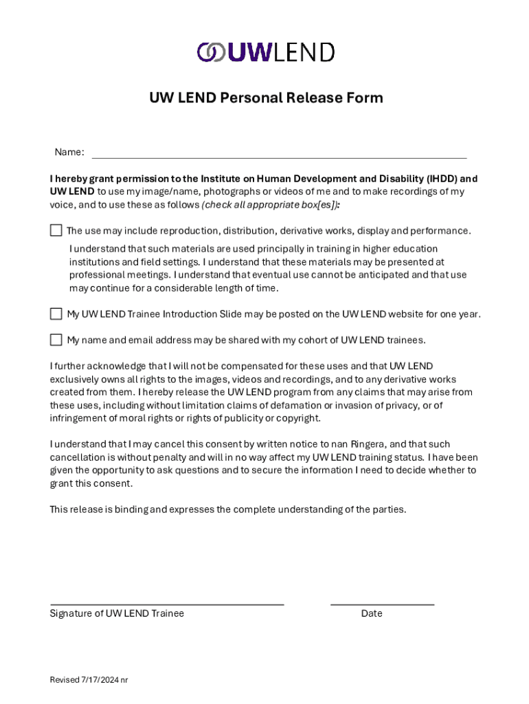 Fillable Online UW LEND Personal Release Form Fax Email Print - pdfFiller