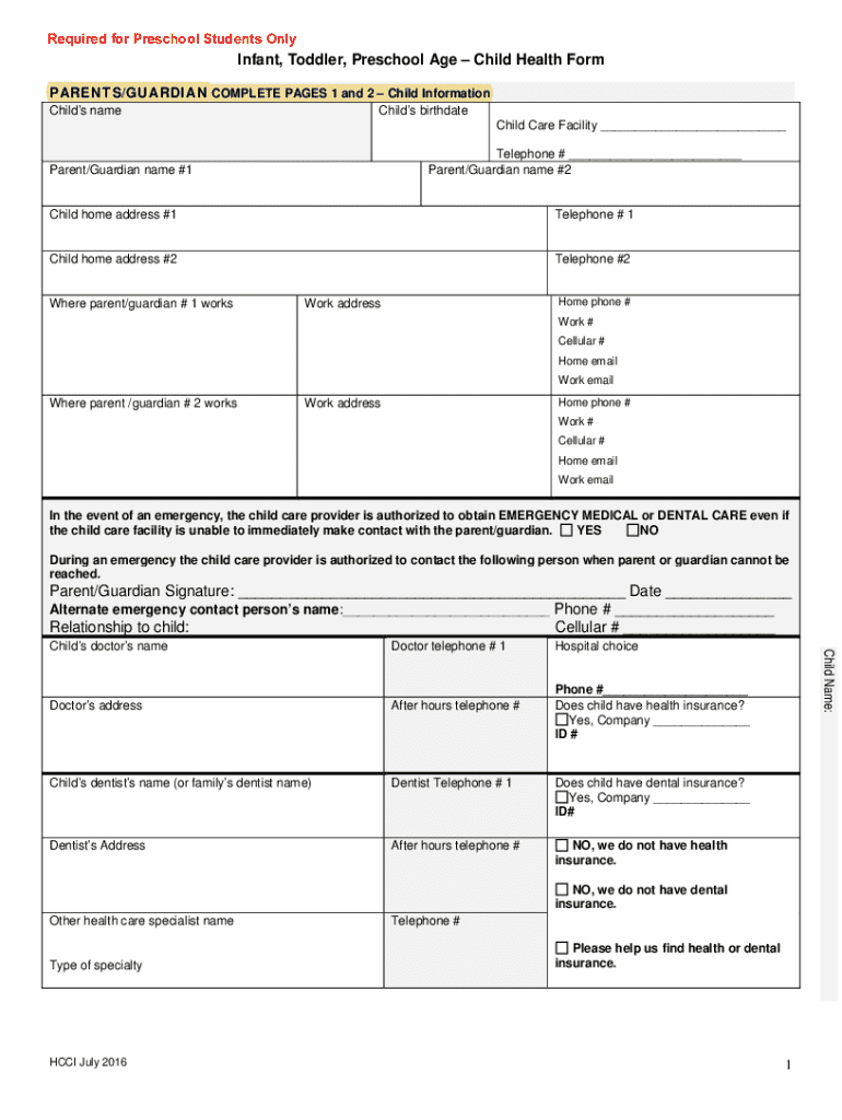 Fillable Online Child Health Form Parent/Guardian Signature Fax Email ...