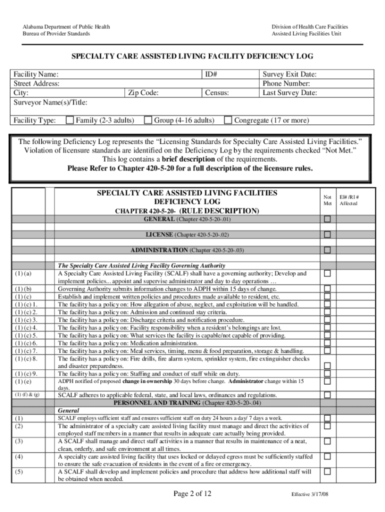 Fillable Online specialty care assisted living facility deficiency log ...
