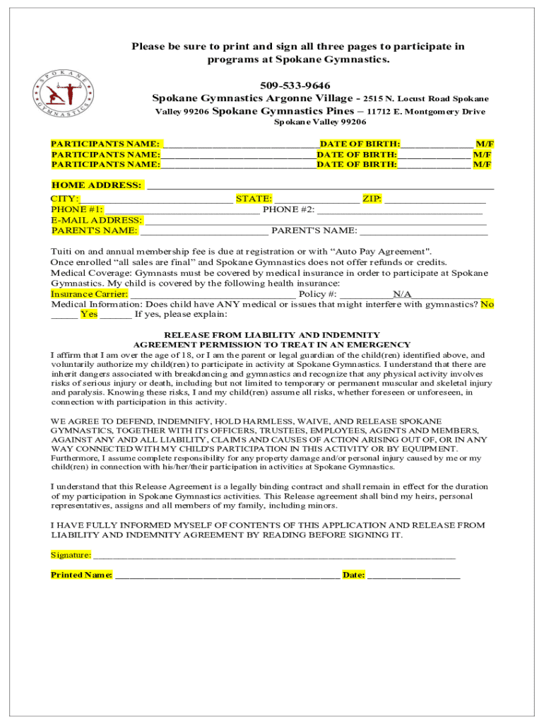 Fillable Online New Team MembersSpokane Gymnastics Fax Email Print - pdfFiller