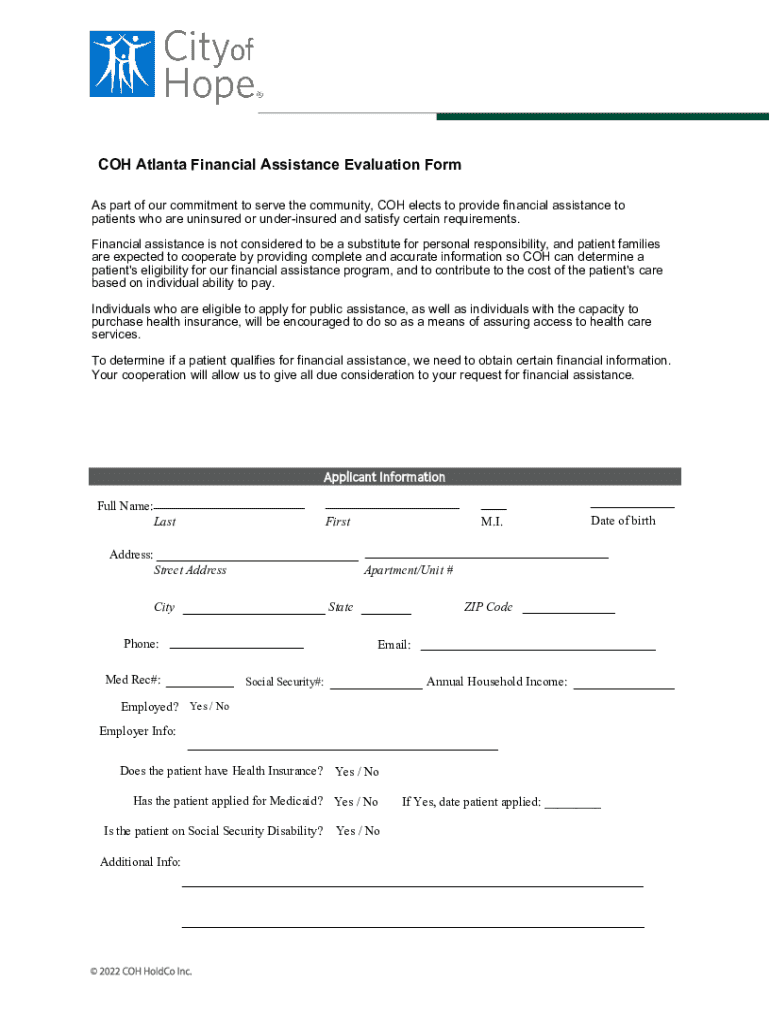 Fillable Online COH Atlanta Financial Assistance Evaluation Form Fax ...