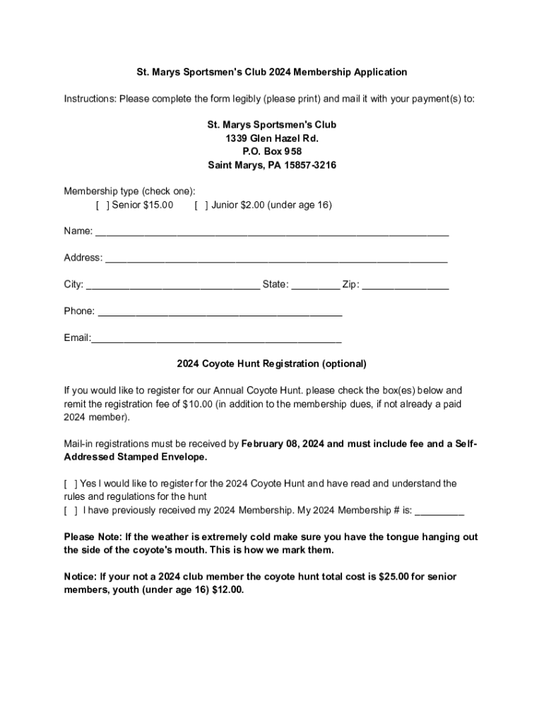 Fillable Online St. Marys Sportsmen\'s Club 2024 Membership Application Fax Email Print - pdfFiller