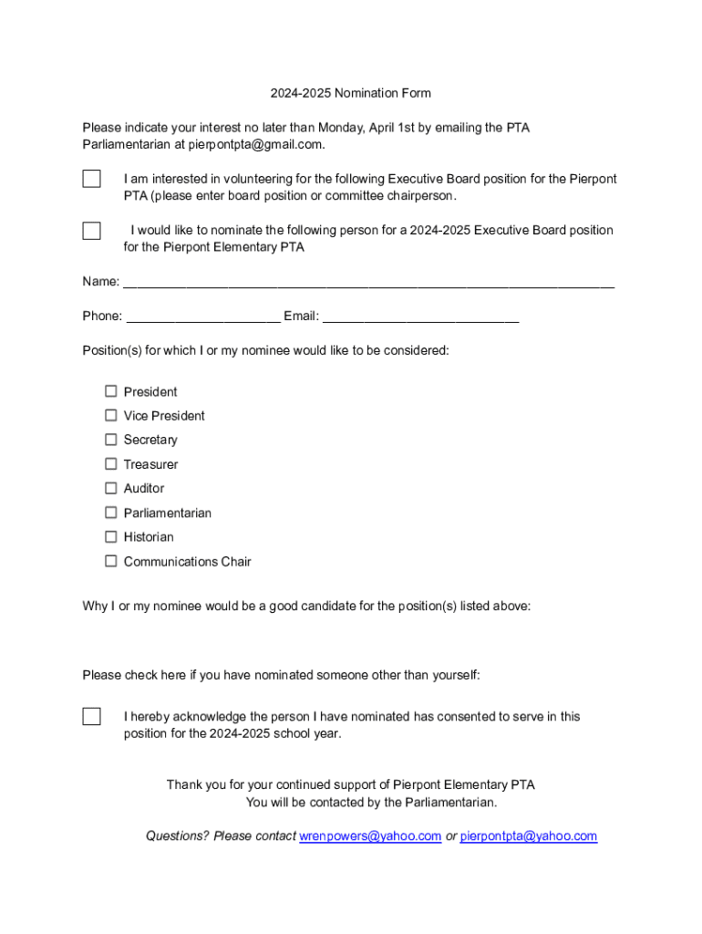 Fillable Online PTA Board Nomination Form 2024-25 Fax Email Print - pdfFiller
