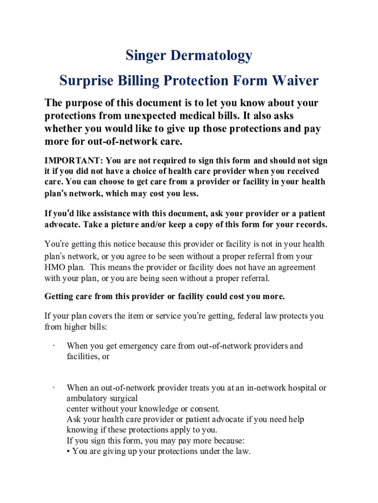 Fillable Online Singer Dermatology Surprise Billing Protection Form ...