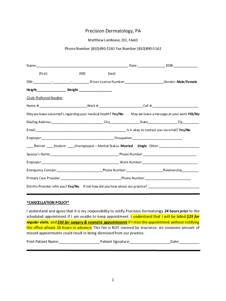 Fillable Online Precision Dermatology, PAKerrville Dermatologist and ...