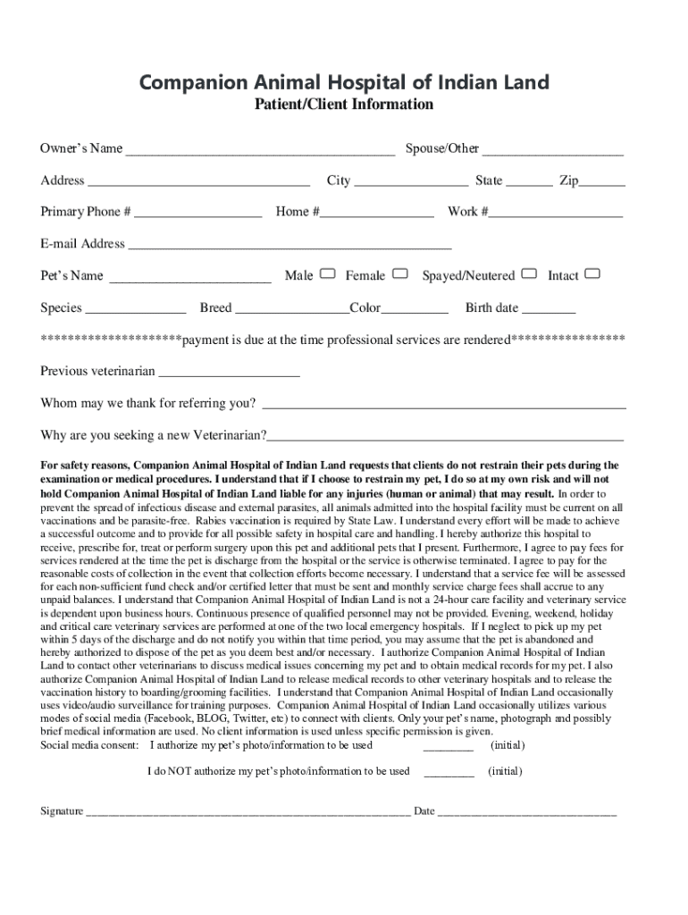 Fillable Online Companion Animal Hospital CLIENT INFORMATION SHEET Fax Email Print - pdfFiller