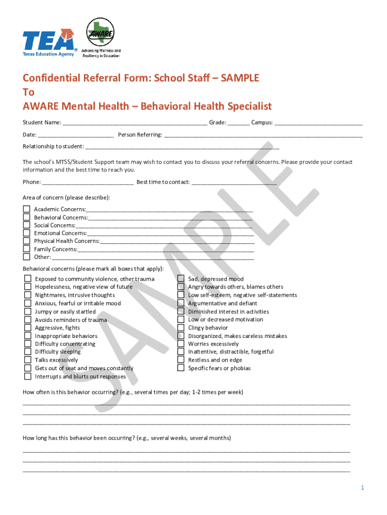 Fillable Online SAMPLE Confidential Referral FormTeacher. Sample form for Teacher Confidential ...