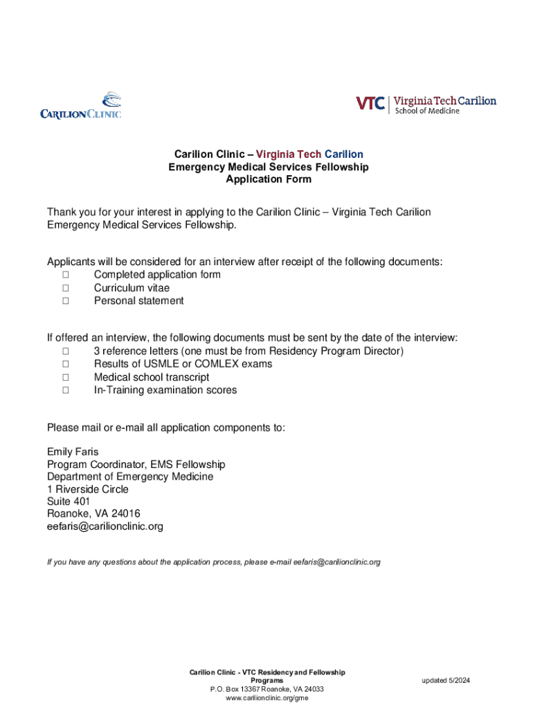 Fillable Online Virginia Tech Carilion EMS Fellowship Application Form ...