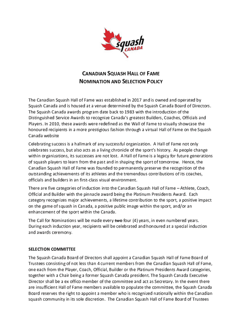 Fillable Online The Canadian Squash Hall of Fame (HoF) has b Fax Email ...