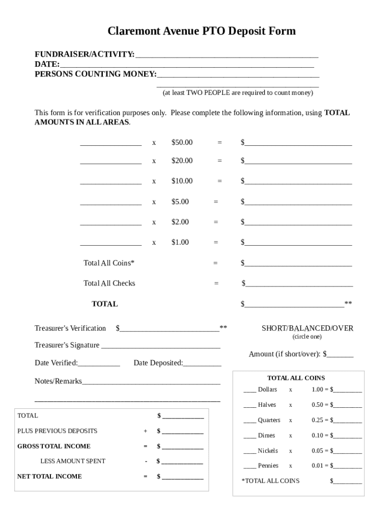 Claremont Avenue PTO Deposit FUNDRAISER/ACTIVITY Doc Template | pdfFiller