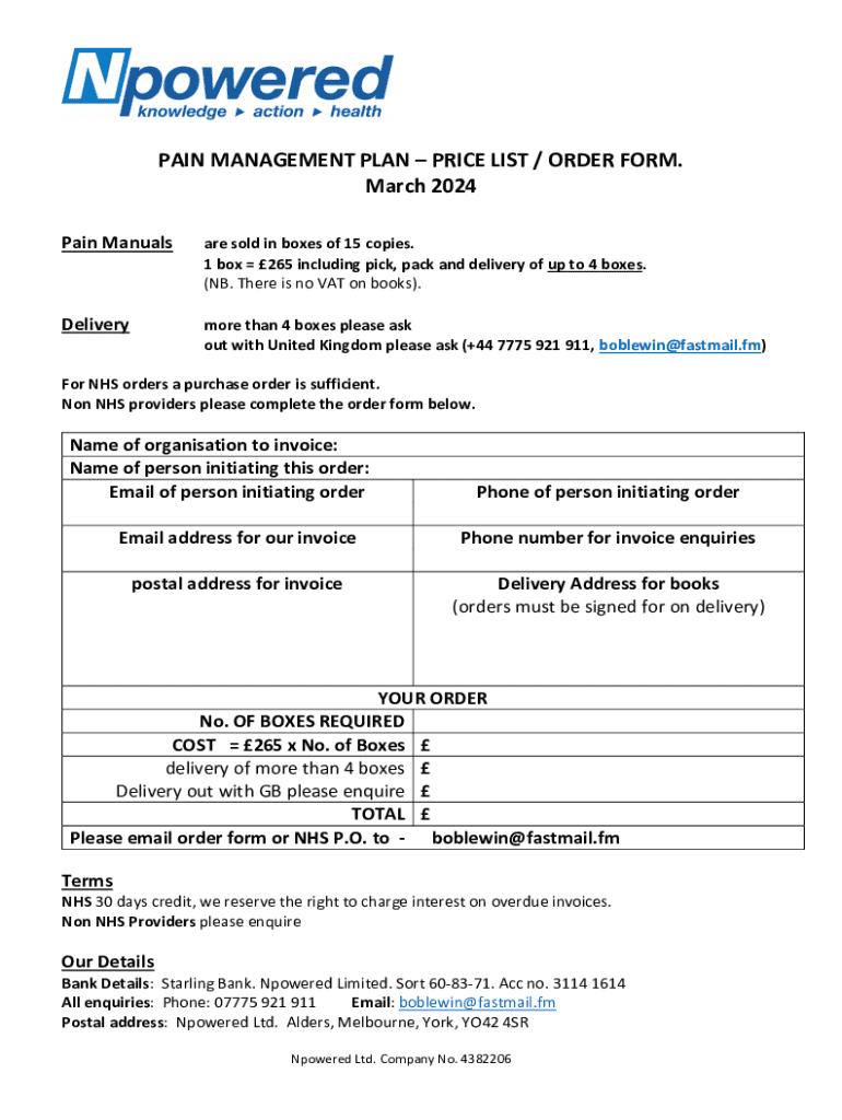 Fillable Online PRICE LIST / ORDER FORM. March ... - PAIN MANAGEMENT ...
