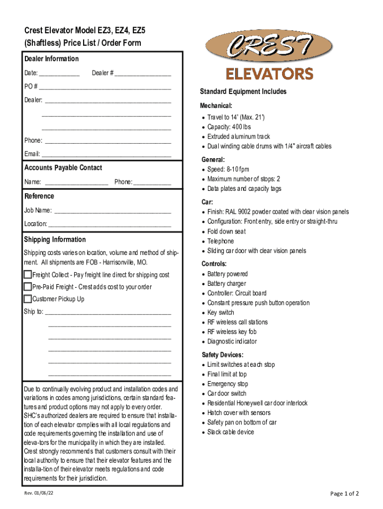Fillable Online Crest Elevator Models EZ3, EZ4, EZ5 in Hoistway Price ...