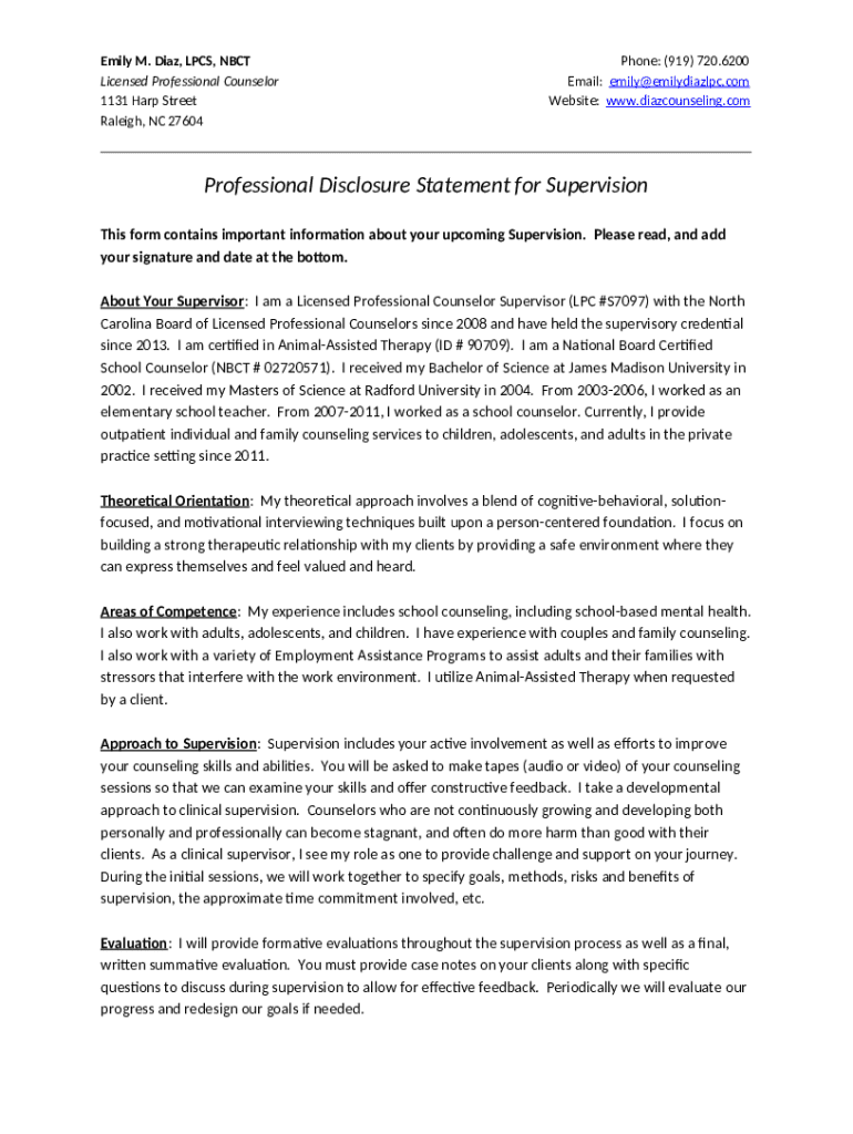 Professional Disclosure Statement for Supervision Doc Template | pdfFiller