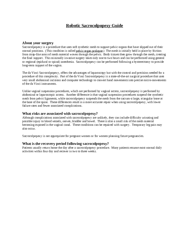 Sacrocolpopexy: Purpose, Procedure, Risks, Results & ... Doc Template | pdfFiller