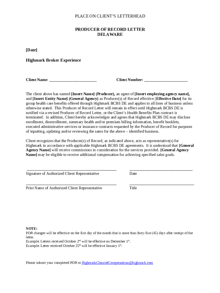 Broker of Record Letter Template Doc Template | pdfFiller