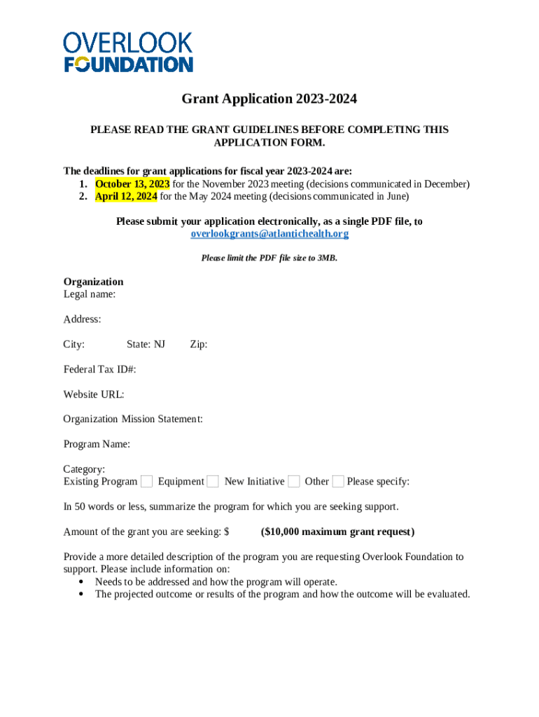The deadlines for grant applications for fiscal year 2023-2024 are: Doc Template | pdfFiller